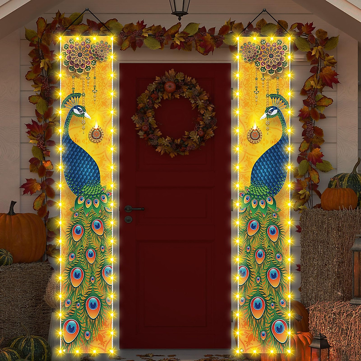 Happy Diwali Porch Banner with Lights Indian Diwali Peacock Front Porch Welcome Sign Deepavali Indian Festival of Lights Decorations-12×71''