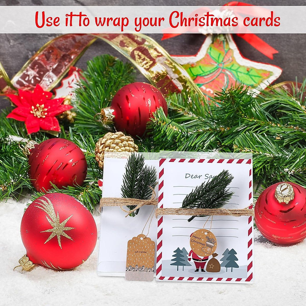 Suzile 50 Set Clear Greeting Card Box 5.39 x 7.36 x 1 Inch Christmas Card Box Plastic Photo Storage Box Case Transparent Gift Favor Box with Xmas Hanging Labels Twine Decorative Tree Branch