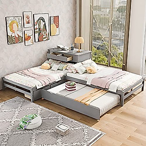 MOEO L-Shaped Full Size Platform Bed with Trundle and Drawers Linked w/ Built-in Desk for Kids, Bedroom, Teens, Adults, No Box Spring Needed, 3 Wood Bedframe in 1, Gray