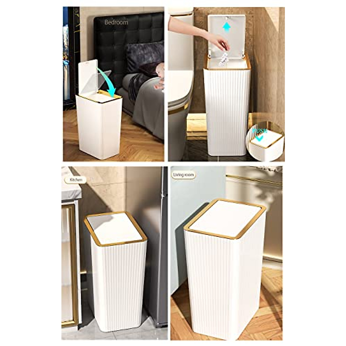 3.3 Gallon Rectangle Trash Can with Top Press Lid，Plastic Slim Garbage Bin, Wastebasket for Narrow Spaces, Kitchen, Bathroom,Bedroom