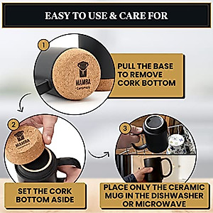 Cork Base Ceramic Mug with Lid (Set of 2) - 17 oz. Oversized Coffee Mugs Set with Removable Insulated Cork Bottom & Spillproof Lids - Great for Tea & Hot Cocoa - Wash in Dishwasher - BLACK