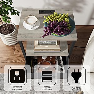 TUTOTAK End Table with Charging Station, Side Table with 2 USB Ports and Outlets, Nightstand with Cloth Drawer, Set of 2, Couch Table, Greige TB01BG052