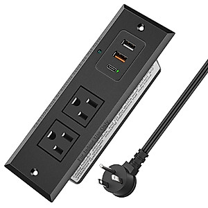 Type-C Recessed Power Socket, 20W PD Fast Charging USB-C QC3.0 3A USB-A Power Strip, Plug in 2 Outlets & 2 USB-A Ports &1 USB-C Port,Connect Flat Plug 6.5ft Extension Cord Black