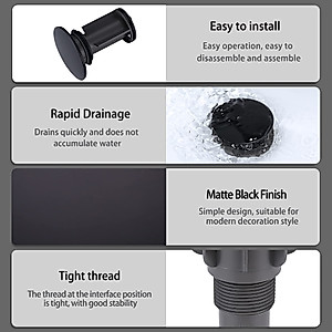 ARCORA Bathroom Sink Drain Matte Black Pop Up Drain with Overflow Vanity Vessel Sink Clicker Drain Stopper