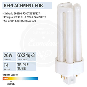 KOR Pack of 4 26 Watt Triple Tube - GX24Q-3 (4 Pin) Base - 2700K Warm White - CFL Light Bulb - Replaces Sylvania 20879 CF26DT/E/IN/827 - Philips 458240 PL-T 26W/827/4P/ALTO - GE 97614 F26TBX/827/A/ECO