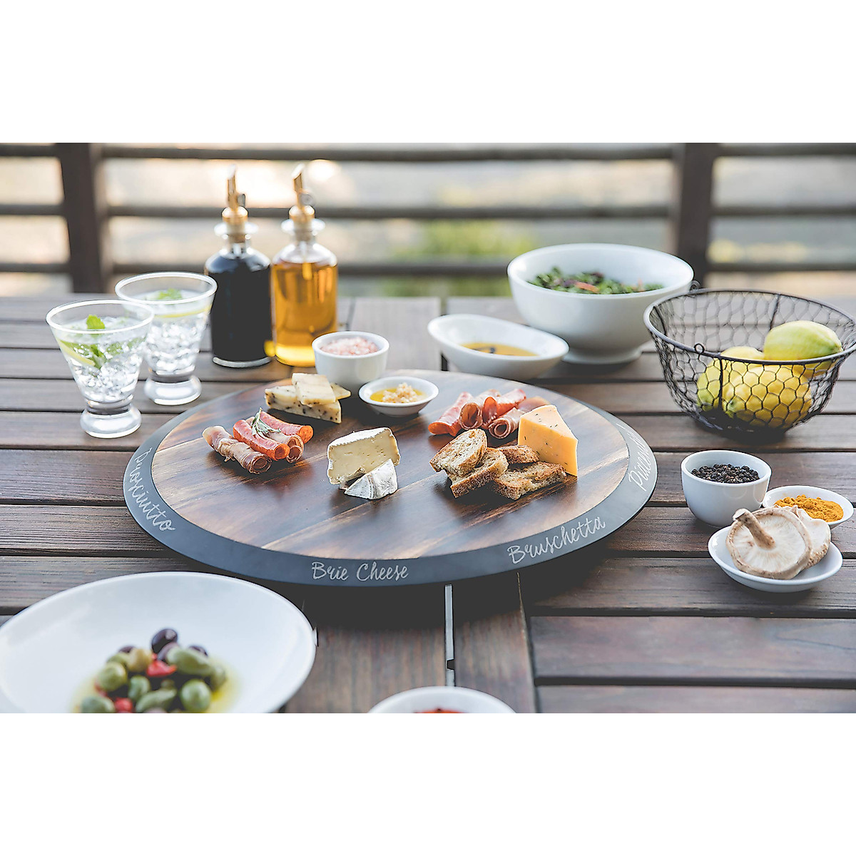 TOSCANA - a Picnic Time Brand Lazy Susan Tray Wooden Turntable Round Charcuterie Board, Cheese Serving Platter, (Fire Acacia Wood)