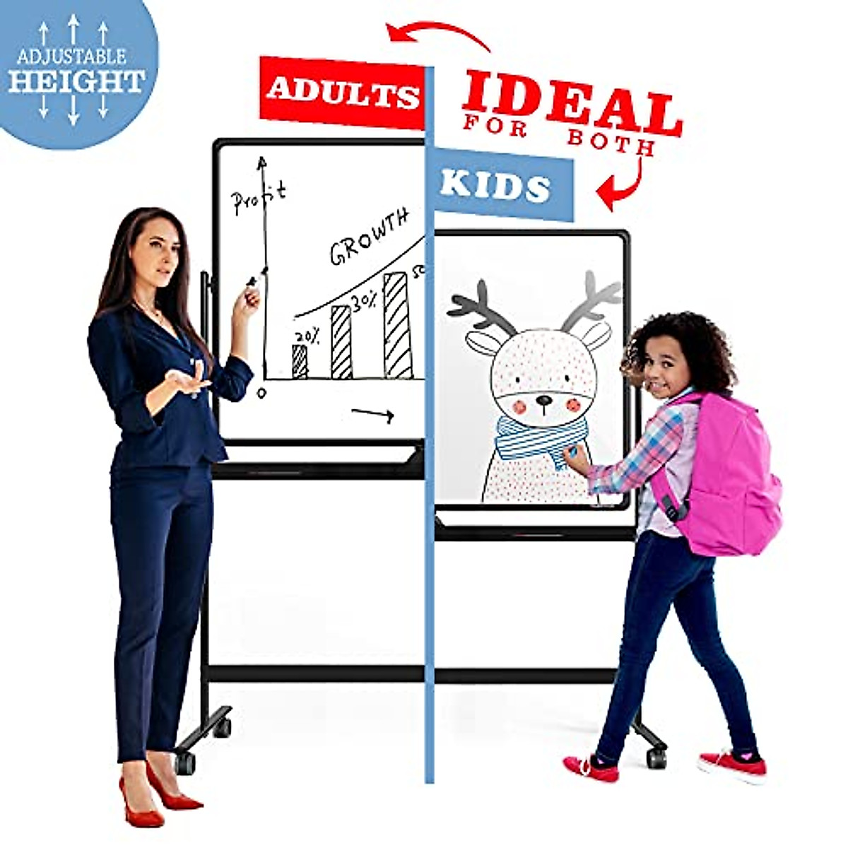 Large Dry-Erase Rolling Magnetic Whiteboard - 48 x 32 Inches White Board Height Adjust Double Sides Mobile Portable Easel on Wheels, Dry Erase Board with Stand for Office, Home & Classroom