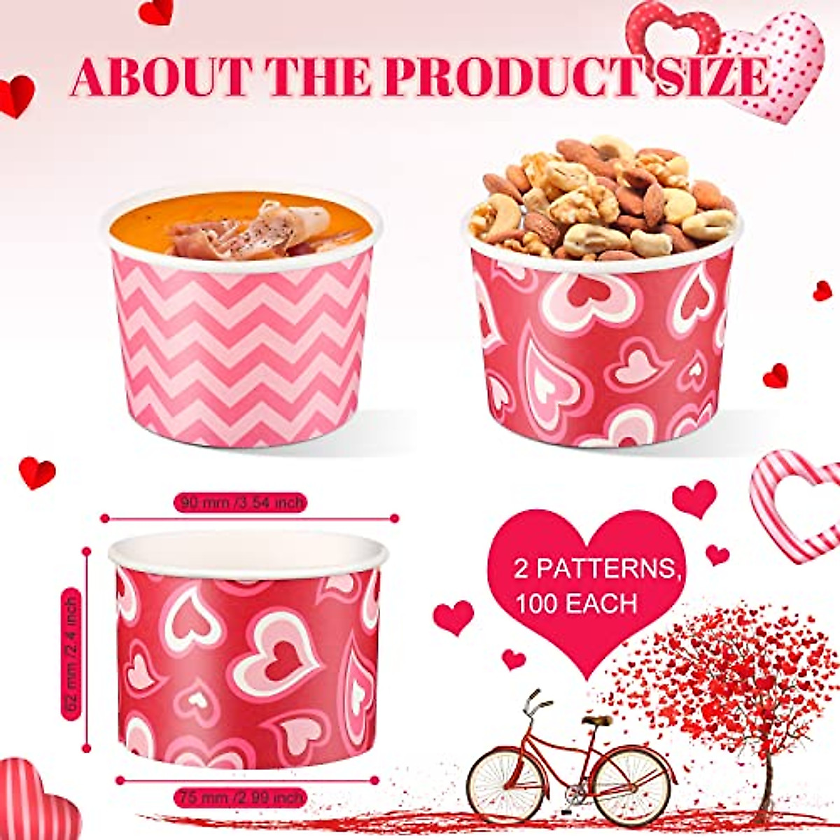 200 Pcs Ice Cream Cups Red Treat Snack Cups Mother's Day Heart Shaped Bowls 9 oz Disposable Paper Cup Red Pink Dessert Ice Cream Bowls for Valentine's Day, Baby Shower Decor