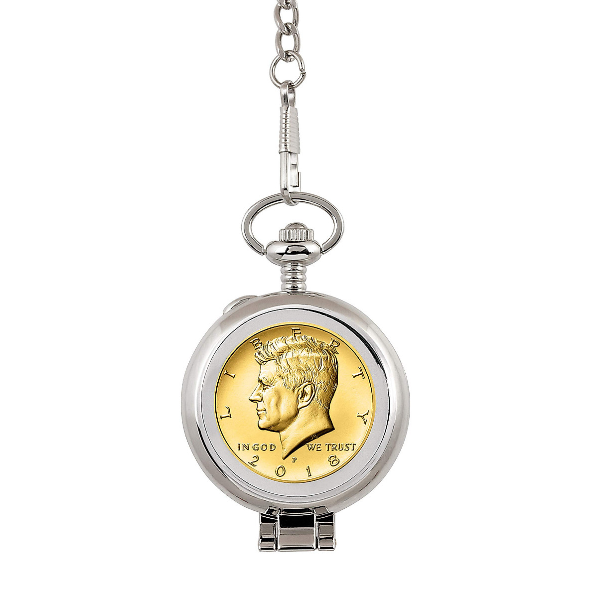 Coin Pocket Watch with Skeleton Quartz Movement | Gold Layered JFK Half Dollar | Genuine U.S. Coin | Sweeping Second Hand, Roman Numerals | Silvertone Case | Certificate of Authenticity