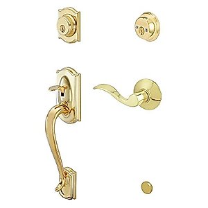 Schlage F62CAM505ACC605RH Camelot Handleset Keyed 2-Sides with Accent Right-handed Lever, Bright Brass