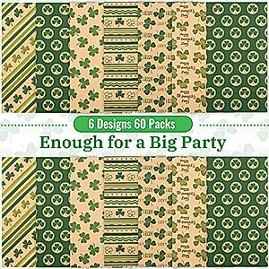 Whaline 60 Pack St. Patrick's Day Paper Gift Bags Kraft Shamrock Candy Treat Bags 6 Design Rustic Irish Flat Party Favor Bag Goodie Present Bag for Party Snack Cookie Craft Gift Wrapping Supplies