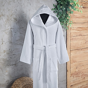 Classic Turkish Towels CTT - 100% Turkish Cotton Terry Cloth Hooded Bath Robe for Women & Men, 450 GSM Soft & Plush Long Robe | White (Medium - Large)