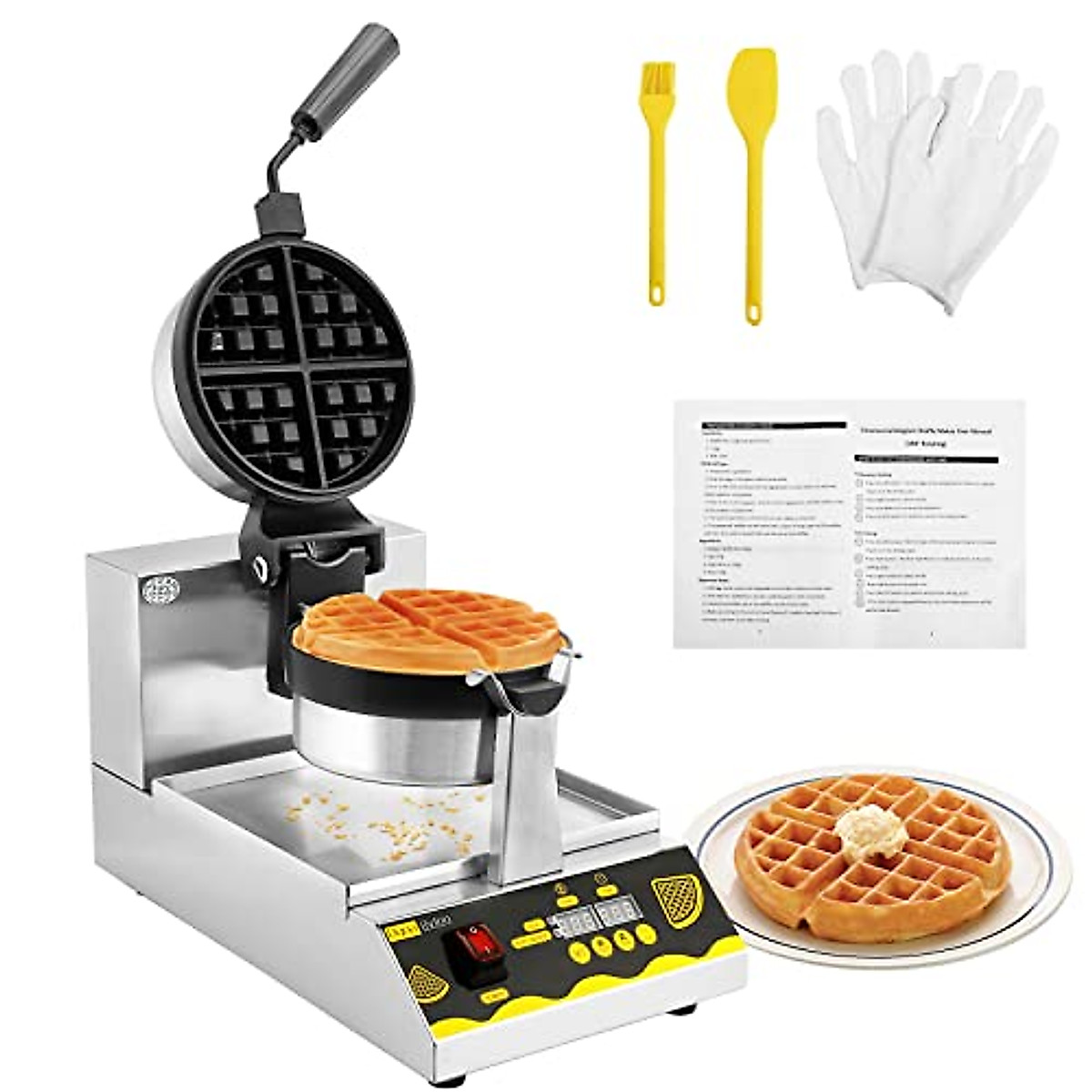 Dyna-Living Belgian Waffle Maker Commercial Intelligent Round Waffle Maker Rotating 180° Nonstick Flip Waffle Iron Machine Professional Commercial Waffle Maker for Restaurant 110V 1250W