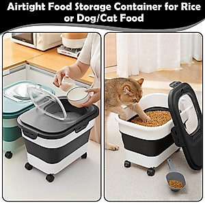 Rice Storage Container, 20-30Lbs Airtight Large Dog Cat Food Storage Containers with Wheels, Scoop & Measuring Cup, Collapsible Kitchen Flour Bin, Dry Food Storage Holder for Rice Kibble Pet Food