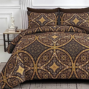 Boho Comforter Set Queen, Bohemian Black Bed in a Bag Bedding Set - 7 Pieces Black and Gold Reversible Comforter for Queen Size Bed, All Season Warm Lightweight Boho Bed Complete Set with Sheets