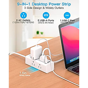 Flat Plug Power Strip, 5Ft Ultra Thin Flat Extension Cord with Multiple Outlets - 6 Outlet 3 USB Ports (1 USB C), Desktop Power Strip with No Surge Protection, Cruise Ship, Dorm Room Travel Essentials
