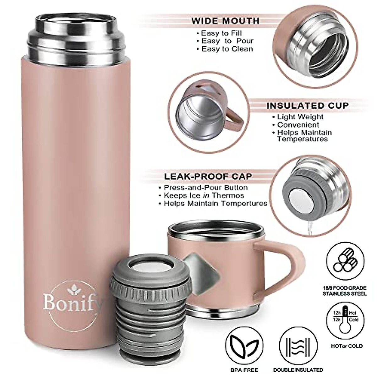 Bonify Stainless Steel Thermo Vacuum Insulated Flask Bottle With Cup-700 ml / 23.7 oz- Hot and Cold Drinks - Water, Coffee, Tea - For Office, School, Travel, Outdoor Activities, Sports (Pink)