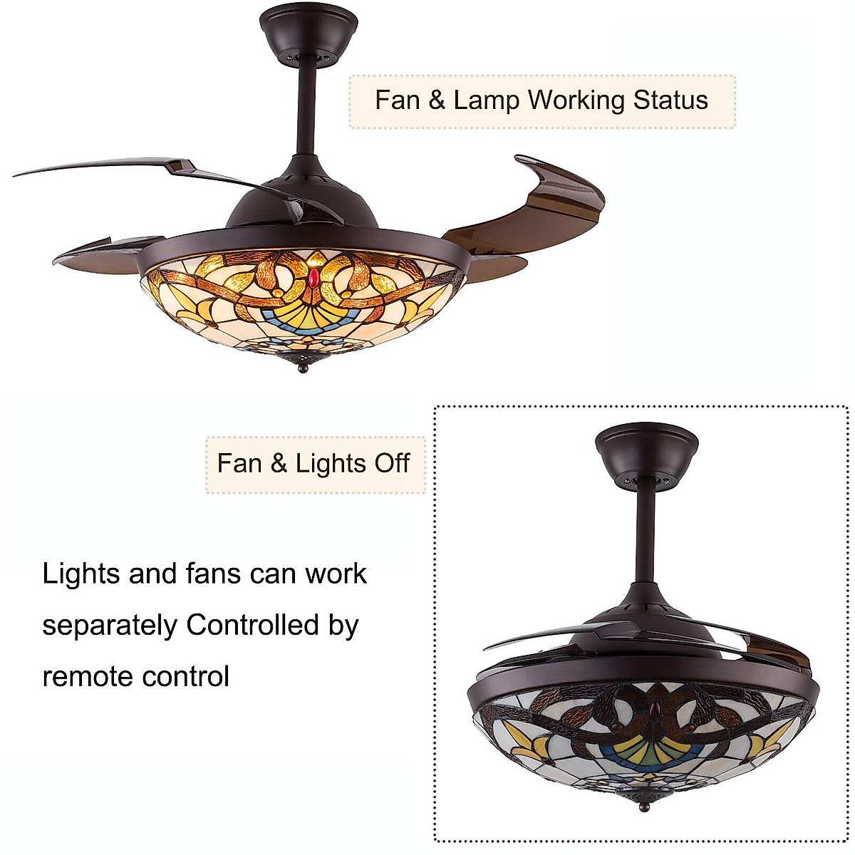 Sindipanda 42" Tiffany Ceiling Fan,Retractable Blade LED Chandelier Fan,Vintage Stained Glass Chandelier w/Remote,for Dining Room Bedroom Living Room