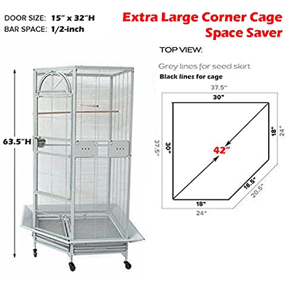 Extra Large 30" Corner Cage for Cockatiel Parakeet Budgies Parrot for Small to Medium Size Bird (White Vein)
