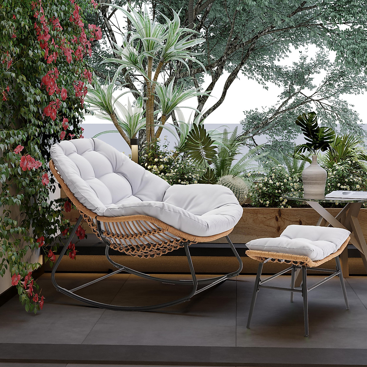 Apepro Wicker Rocking Chair with Footstool,Patio Rocking Chairs with Thickened Cushions,Outdoor Rocking Chair Glider Rocking Chair,Light Grey