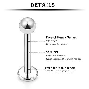 Kridzisw 16G Flat Back Cartilage Tragus Helix Conch Earring 16 Gauge Surgical Stainless Steel Silver Short Screw on in Opal Labret Monroe Medusa Lip Nose Ring Stud Bar Piercing Jewelry Women Men 6mm