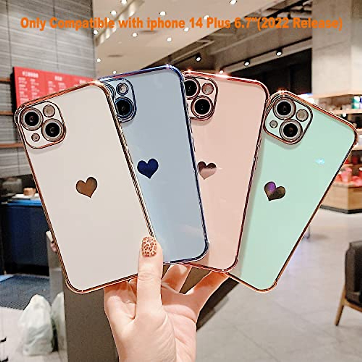 JFWEN Compatible with iPhone 14 Plus Case Cute Plating Love Heart Shockproof Protective Slim Thin Soft Silicone Electroplated Phone Cover for iPhone 14Plus 6.7 inch 2022 (White)