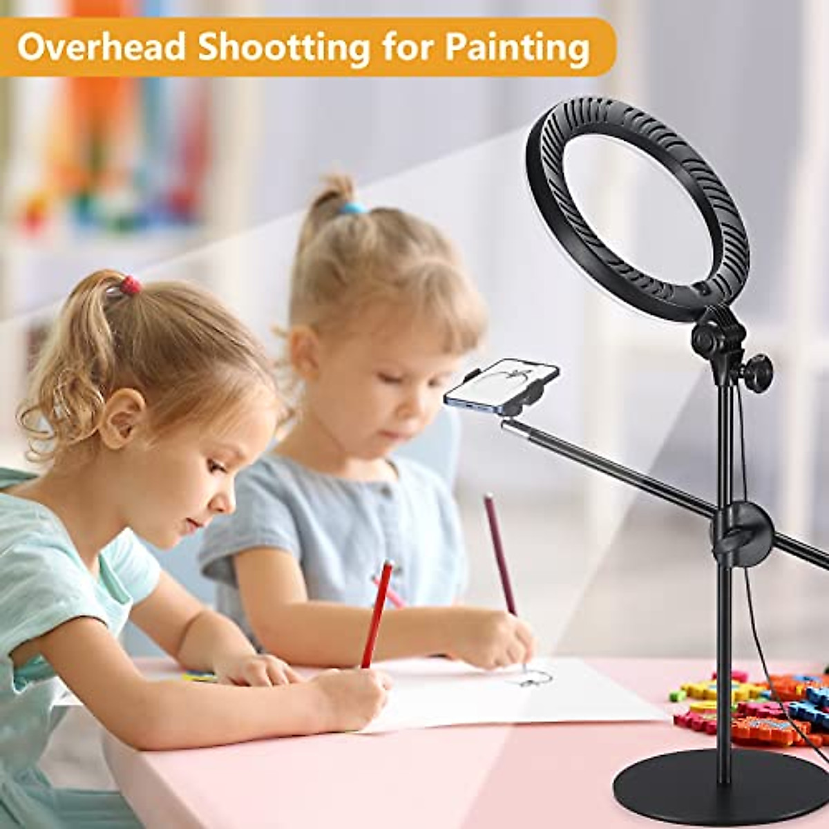 Selfie Ring Light with Stand and Phone Holder,Overhead Phone Mount with 10.5" Ring Lights,Desk Circle Lingt with Tripod Adjustable Shooting Arm for Video Recording,YouTube,TikTok,Live Streaming