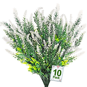 TURNMEON 10 Bundles Artificial Lavender Flowers Outdoor UV Resistant Fake Flowers Faux Plants Plastic Shrubs Outside Garden Porch Window Box Spring Summer Decor(White)