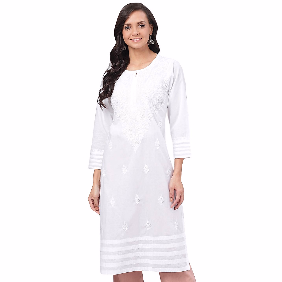 Ada Hand Embroidered Indian Chikankari Cotton Kurta Kurti Tunic for Women A149984 (White, Small)