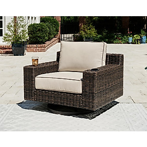 Signature Design by Ashley Coastline Bay Casual Outdoor Swivel Lounge with Cushion and 2 Cup Holders, Beige & Dark Brown