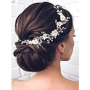 HEREAD Flower Bride Wedding Hair Vine Pearl Bridal Headband Rhinestones Hair Breath Accessories for Women and Girls (A Silver)