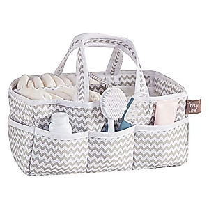 Dove Gray Chevron Storage Caddy - Chevron Print Body, Handles and Lining, Gray and White Trim, Gray and White, Two Handles, 12 in x 6 in x 8 in
