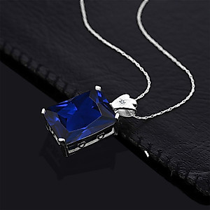 Gem Stone King 17.53 Cttw Blue Created Sapphire and White Topaz Pendant Necklace For Women In 925 Sterling Silver | Emerald Cut 18X13MM | With 18 Inch Silver Chain
