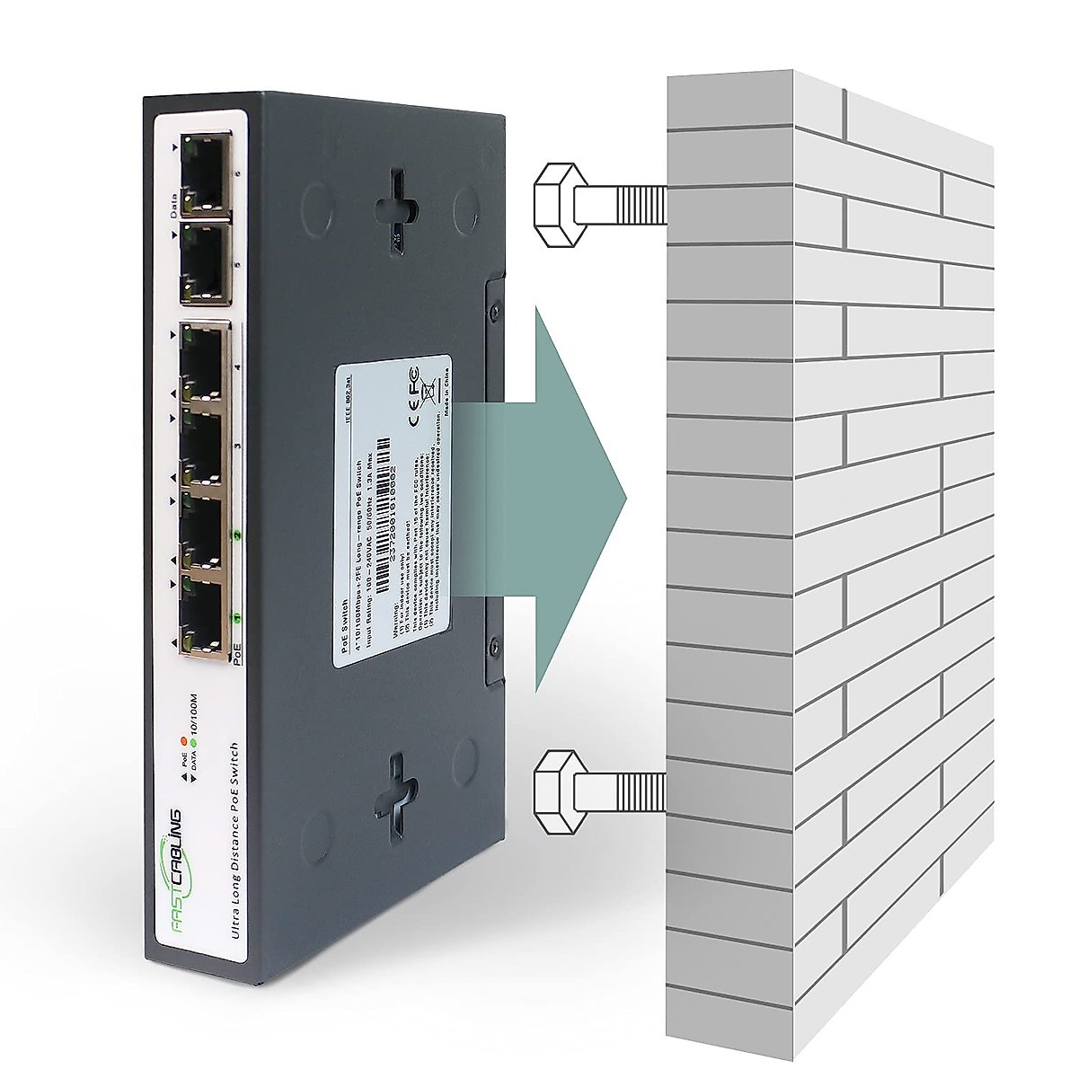 1500ft Long Range PoE+ Switch, PoE Extension with Continuous Run of cat5e/cat6, Fast Ethernet 10/100Mbps, 30W IEEE802.3at/af