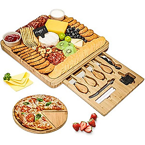 Smatto Cheese Board and Knife Set, Bamboo Charcuterie Board Set, 13’’x13’’ Cheese Serving Tray with 4 Knives, Drawer and Wine Opener for Housewarming Wedding Birthday Valentine's Day Gift