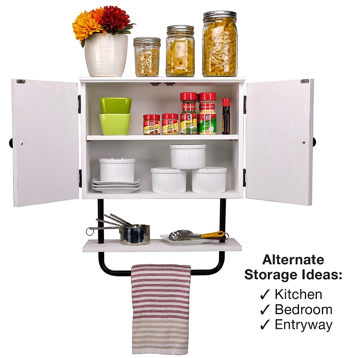 EXCELLO GLOBAL PRODUCTS 17x21” Barndoor Bathroom Wall Cabinet, Space Saver Storage Cabinet Kitchen Medicine Cabinet with Adjustable Shelf and Towel Bar, White