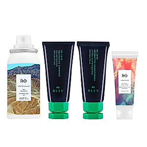 R+Co Travel Essentials | Bleu De Luxe Reparative Shampoo and Conditioner Set (1.2 Oz) + High Dive Moisture Cream (.5 Oz) + Death Valley Dry Shampoo (1 Oz) | Sayn Beauty