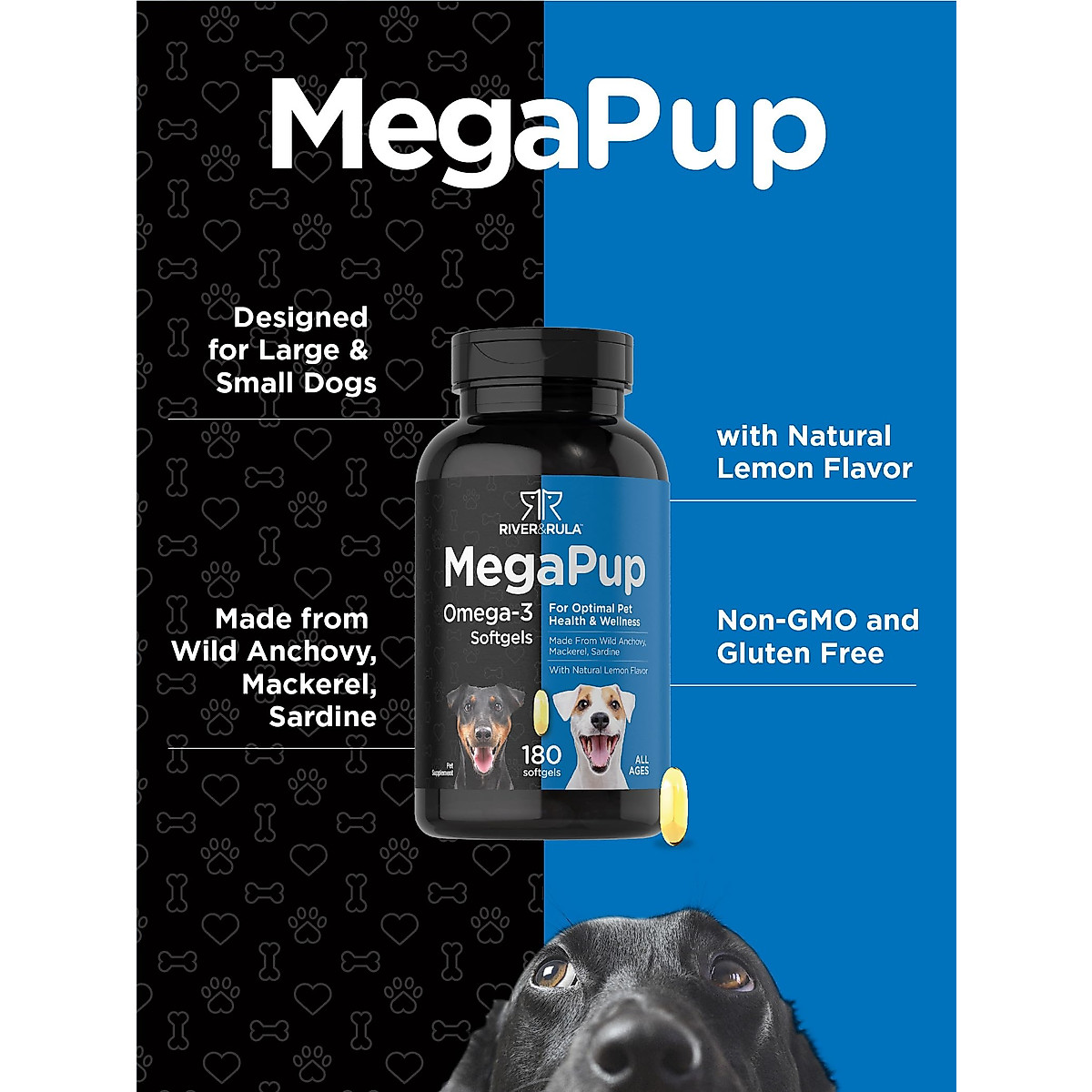 Horbäach Omega 3 Fish Oil for Dogs | 180 Softgels | Mega Pup for Optimal Pet Health & Wellness | Lemon Flavor | Non-GMO, Gluten Free Supplement | by River & RULA