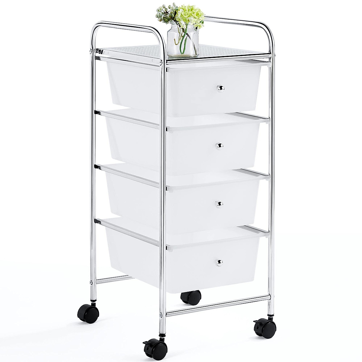 Topeakmart 4 Tier Rolling Storage Cart with Removable Drawers Plastic Trolley Organizer craft cart organizer with drawers 360 Castor Wheels Cart, White