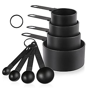 NileHome Measuring Cups and Spoons Set, Plastic Measuring Spoons 8 Piece Includes 4 Measuring Cup Set and 4 Measuring Spoons Set Stackable Stainless Steel Handle Measure Cups for Cooking&Baking, Black