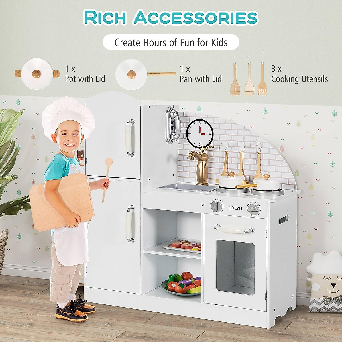 Costzon Kitchen Playset for Kids, Wooden Pretend Cooking Kitchen w/Utensils, Oven, Cabinets, Faucet, Sink & Telephone, Toddlers Play Kitchen Set with Accessories Gift for Age 3+ (White)