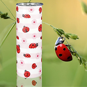 Mofvugz Ladybug Gifts for Women Girls, Cute Ladybugs Daisy Floral Tumbler Cup Coffee Travel Mug, Lady Bug Pink Metal Thermal Insulated Tumblers 20 Oz, Ladybug Decor Accessories Stuff, Kawaii Gifts