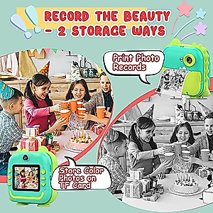 Instant Print Camera for Kids,Inkless Sticker Printer for Girls Boys Age 3-12, HD Digital Video Cameras, Mini Thermal Printer Kid Toy Gifts with 3 Rolls Photo Paper, 5 Color Pens, 32GB Card-Green