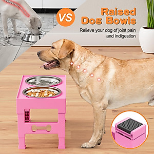 LAKIPETN Elevated Dog Bowls with 2 Stainless Steel Dog Food Bowls 5 Height Adjustable Raised Dog Bowl Stand Non-Slip Dog Feeder Adjusts to 3.1”, 9”, 10”, 11”, 12” for Medium Large Dogs - Pink