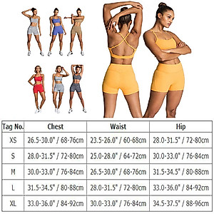 Women Yoga Outfit Seamless 2 Piece Workout Gym Sleeveless Spaghetti Strap Criss Cross Crop Top with High Waist Boxer Shorts Tummy Control Tracksuit Activewear Athletic Fintess Clothes Khaki X-Small
