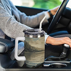 LLUTSNTH 40 Oz Vacuum Tumbler with White Handle Leakproof Insulated Tumbler Lake Fish Fishing Stainless Steel Travel Mug with Lid And Straw Coffee Cup Cute Water Bottles Cup Holder Friendly