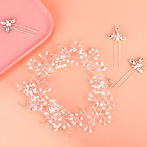 Nljihkure Bride Wedding Crystal Hair Vine Hair Accessories Extra Long Pearl and Beads Bridal Hair Vine Headband Head Pieces for Women and Girls (Silver)