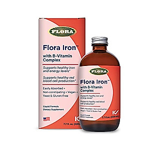 Flora Iron with B-Vitamin Complex - Helps Maintain Healthy Iron Levels - Non-Constipating, Highly Absorbable - Vitamin-B & Liquid Iron - Vegan Supplement - Yeast & Gluten Free, 7.7-oz. Glass Bottle