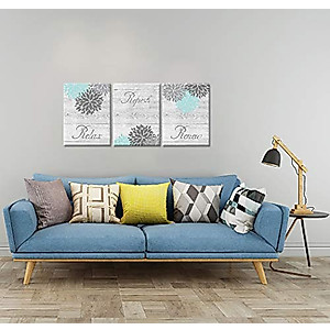 Zlove 3 Pieces Floral Bathroom Wall Art Prints Dahlia Flowers Relax Refresh Renew Signs Blue Grey Artwork Stretched and Framed for Bedroom Living Room Ready to Hang 12x16inchx3pcs