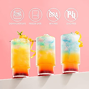 Combler Ribbed Drinking Glasses, Ribbed Glass Cups 11oz Set of 4, Ribbed Glassware for Water Whiskey Beer Cocktail Glasses, Iced Coffee Cup, Apartment Must Haves Essentials, Birthday Gifts for Women